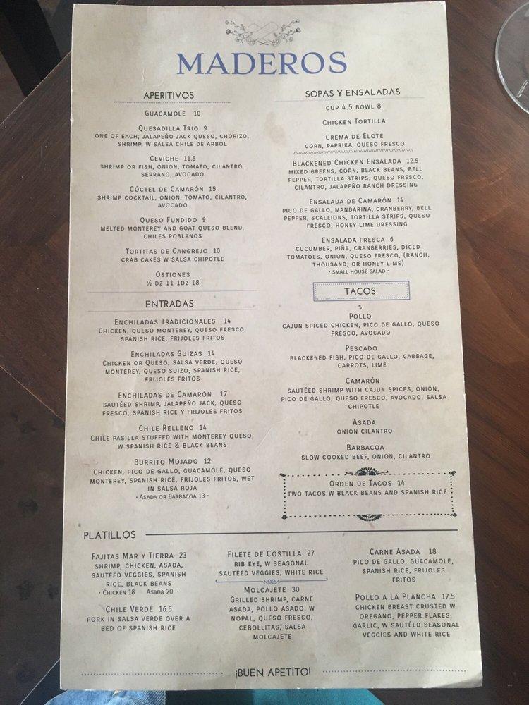 Menu at Maderos Cocina Mexicana restaurant, Redondo Beach