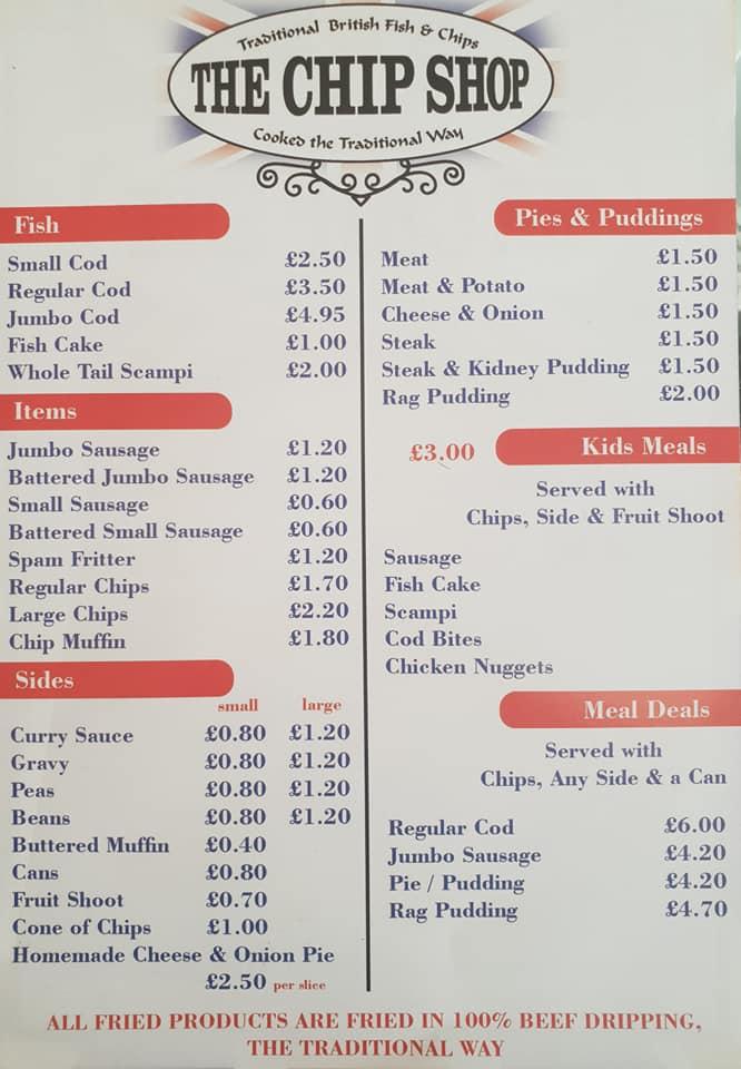 Menu at The Greek Chippy restaurant, Stalybridge
