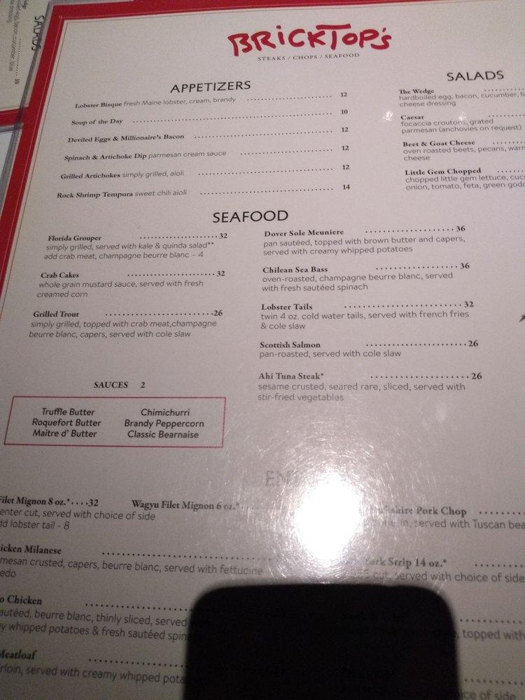 Menu at BrickTop's restaurant, Nashville, West End Ave