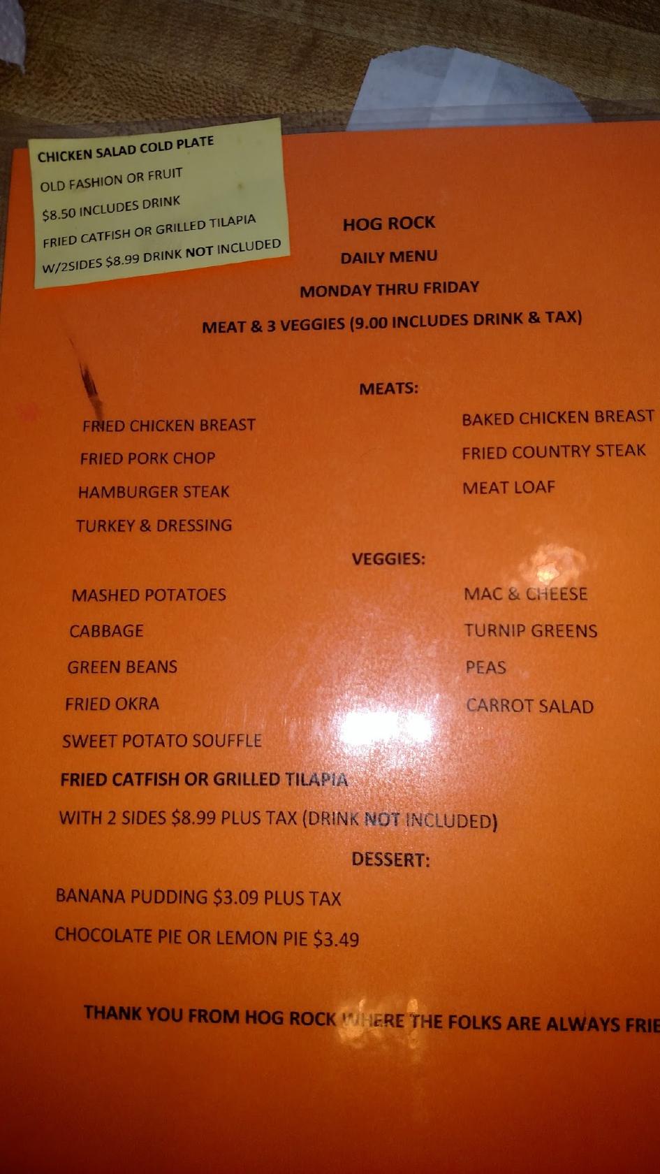 Menu at Hog Rock Bar-B-Q, Wetumpka