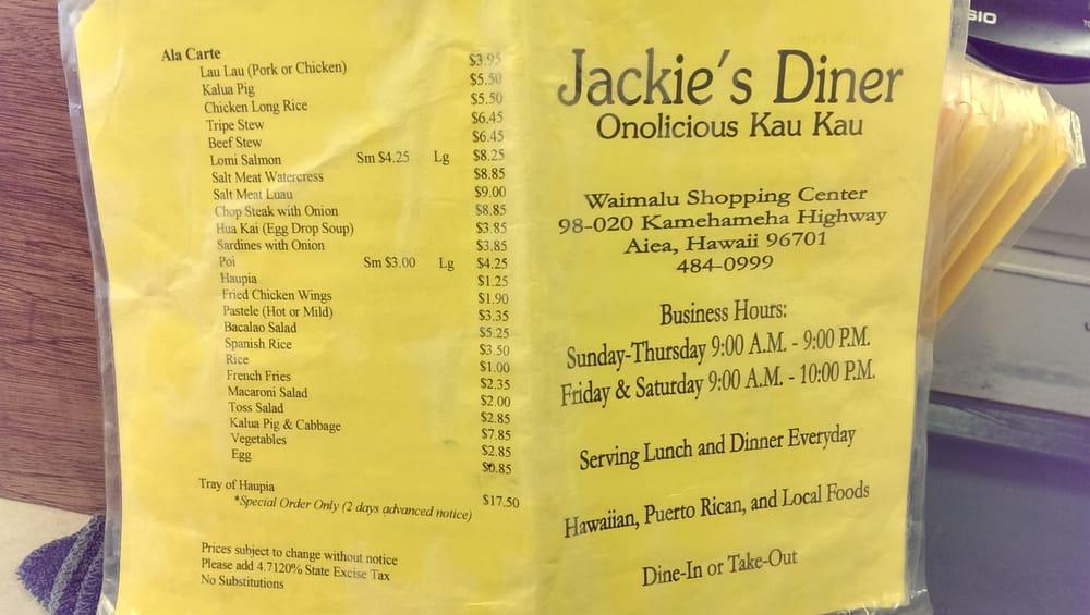 Menu at Jackie's Diner restaurant, Aiea