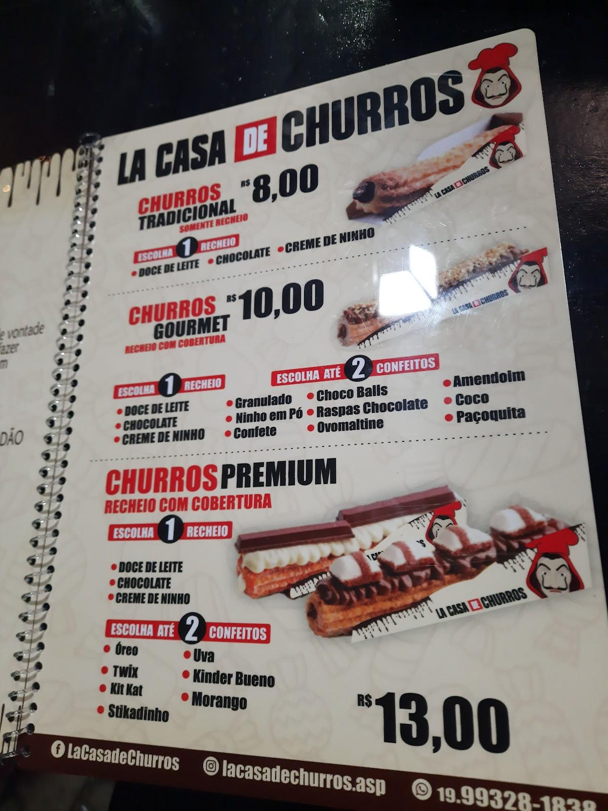 Menu em La casa de churros, Águas de São Pedro