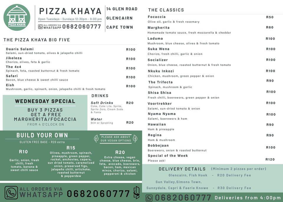 Carta del restaurante Pizza Khaya, Ciudad del Cabo, 14 Glencairn Expy