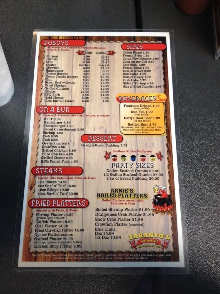 Menu at Taranto's Crawfish restaurant, Biloxi