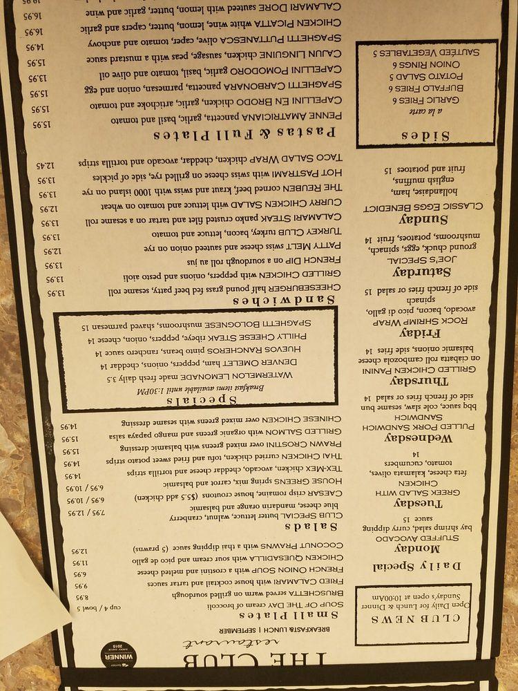 Menu at The Club Restaurant, San Rafael