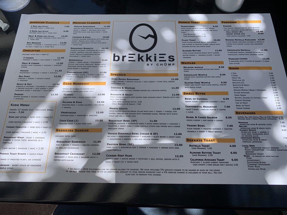 Menu at brekkies by chomp restaurant, Solvang