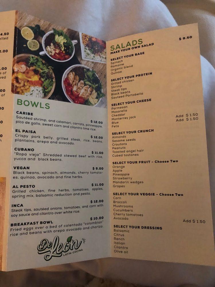 Menu at De Leon Latin Cocina restaurant, St. Augustine