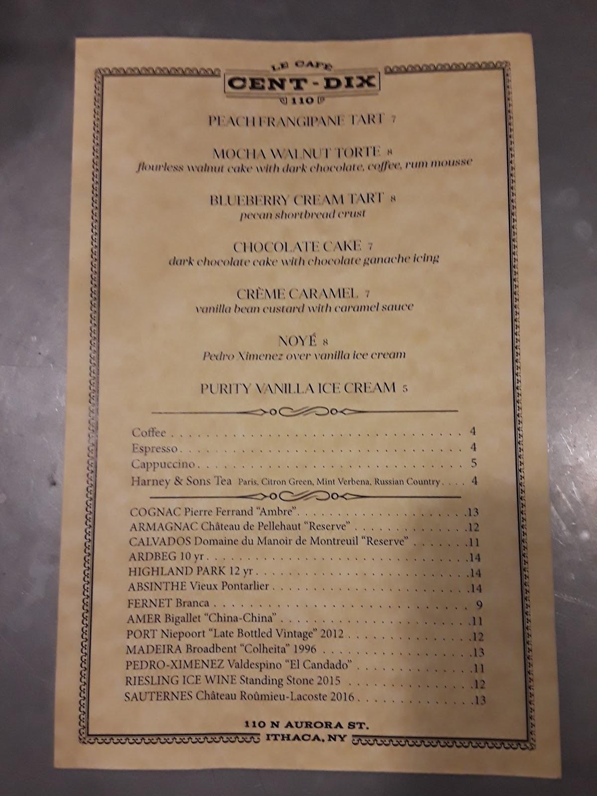 Menu at Le Café Cent-Dix restaurant, Ithaca