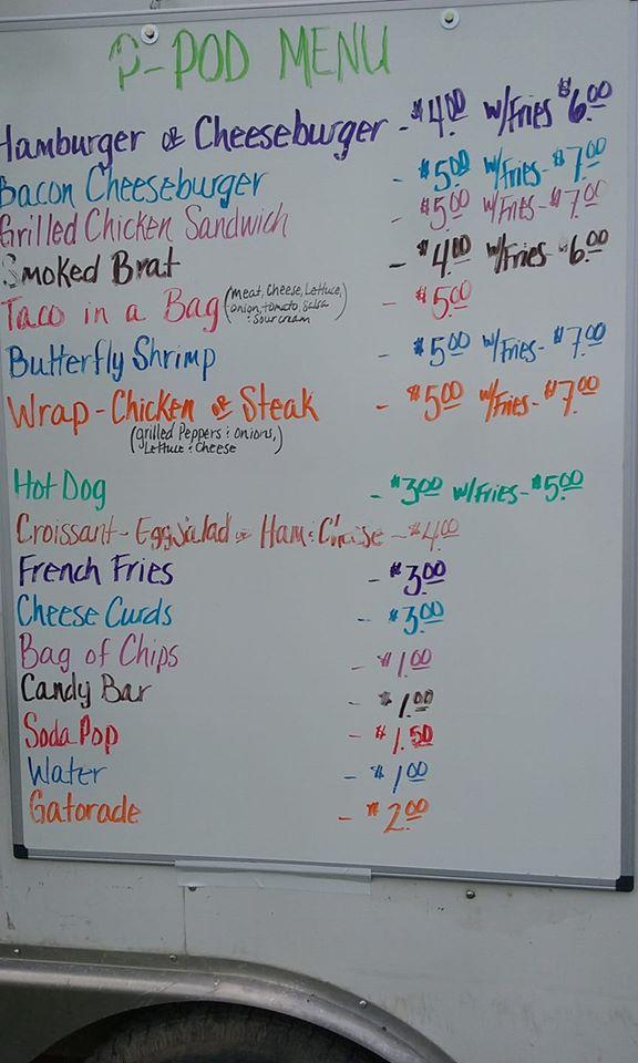 Menu at The P-Pod restaurant, Blue Earth