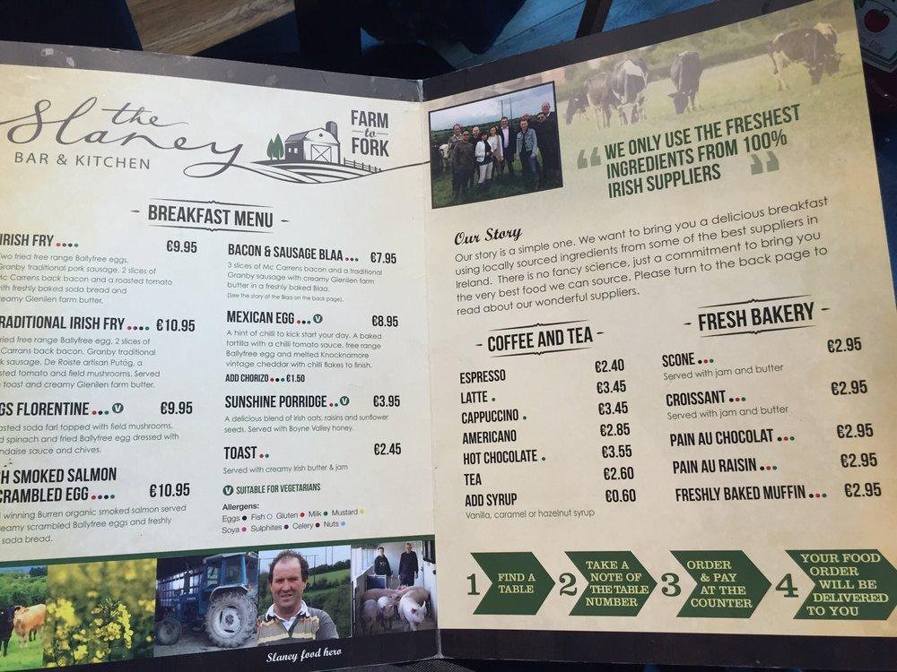 Menu at The Slaney pub & bar, Dublin
