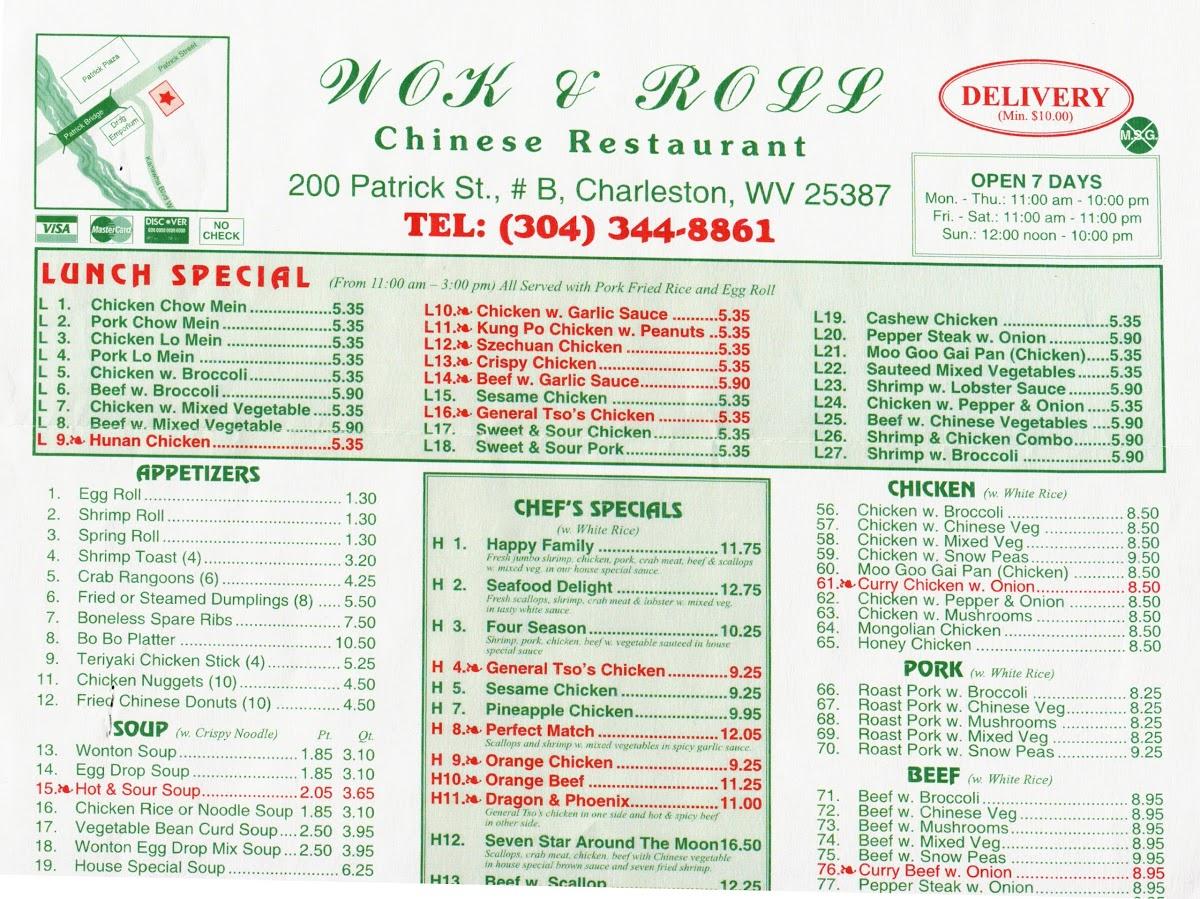 Menu at Wok & Roll Chinese Restaurant, Charleston, 200 Patrick St