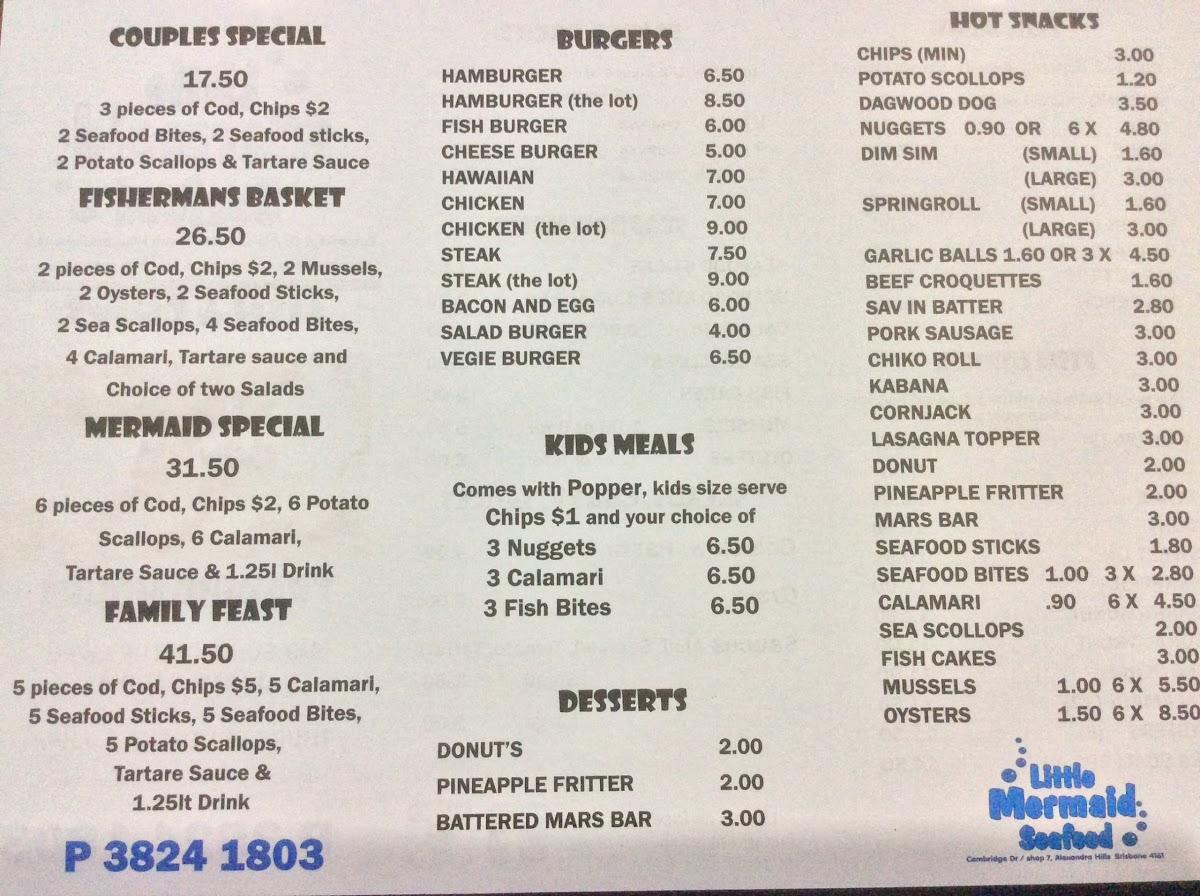 Menu at Blue Ocean takeaway restaurant, Alexandra Hills