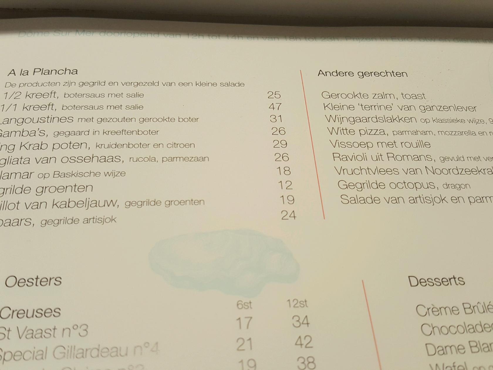 Menu at Dôme sur Mer, Antwerp
