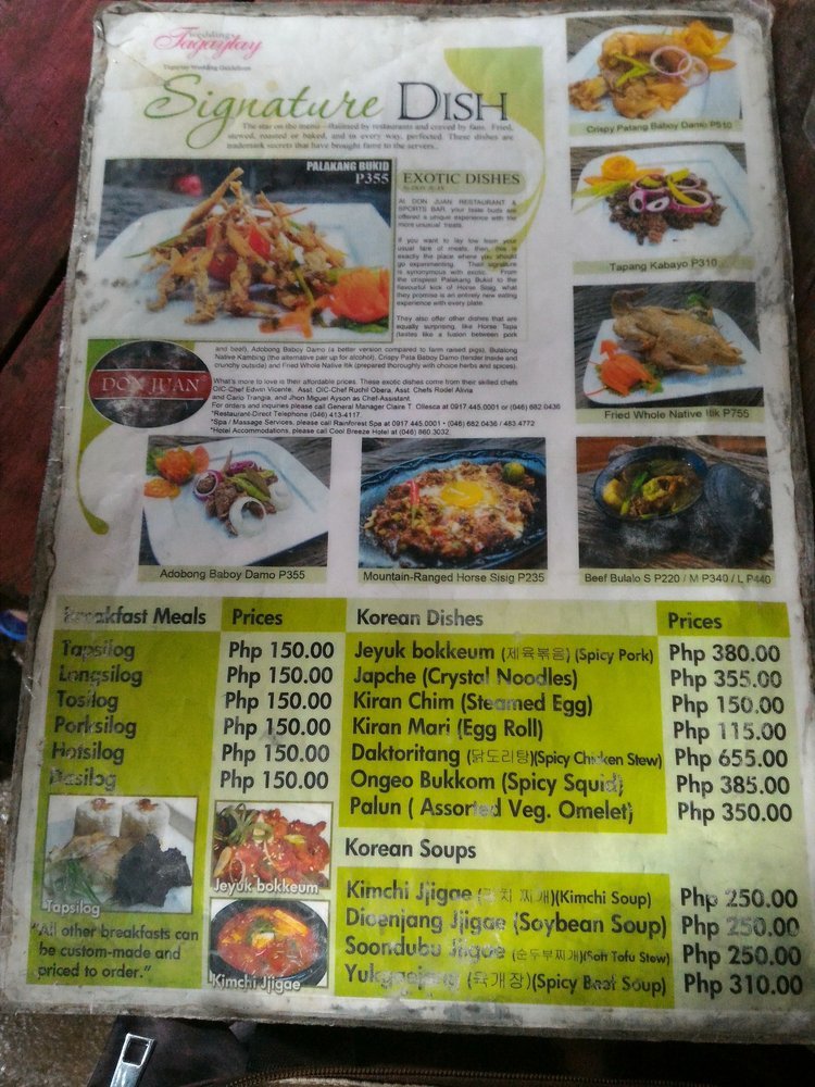 Menu at Don Juan, Tagaytay, Aguinaldo Highway