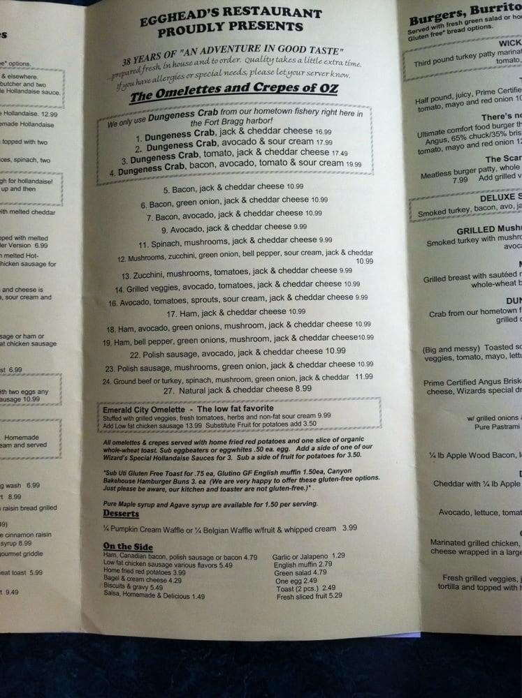 Menu at Egghead's Restaurant, Fort Bragg