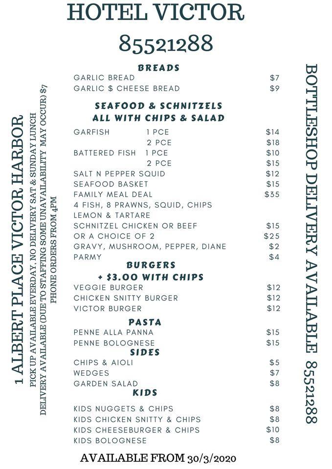 Menu at Hotel Victor pub & bar, Victor Harbor, 1 Albert Pl