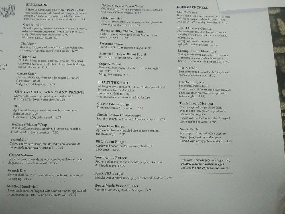 Menu at The Edison Grill pub & bar, Harwinton