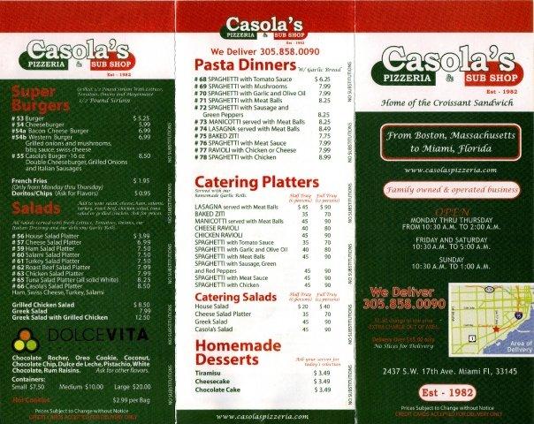 Menu at Casola's Pizzeria & Sub Shop, Miami
