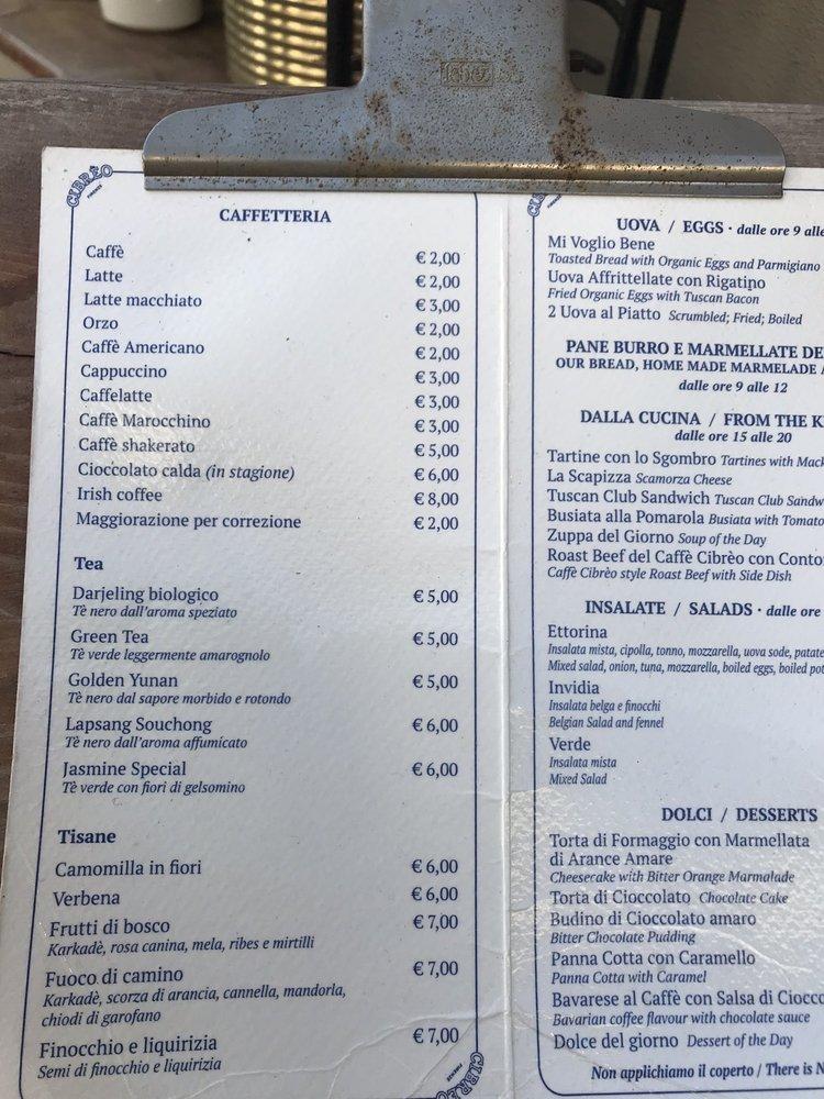 Menu at Cibrèo Ristorante, Florence, Via Andrea del Verrocchio