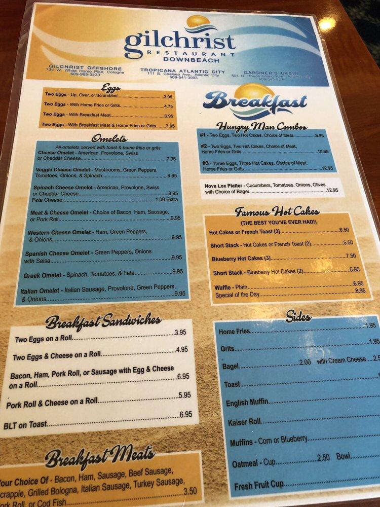 Menu at Gilchrist Downbeach Restaurant, Margate City