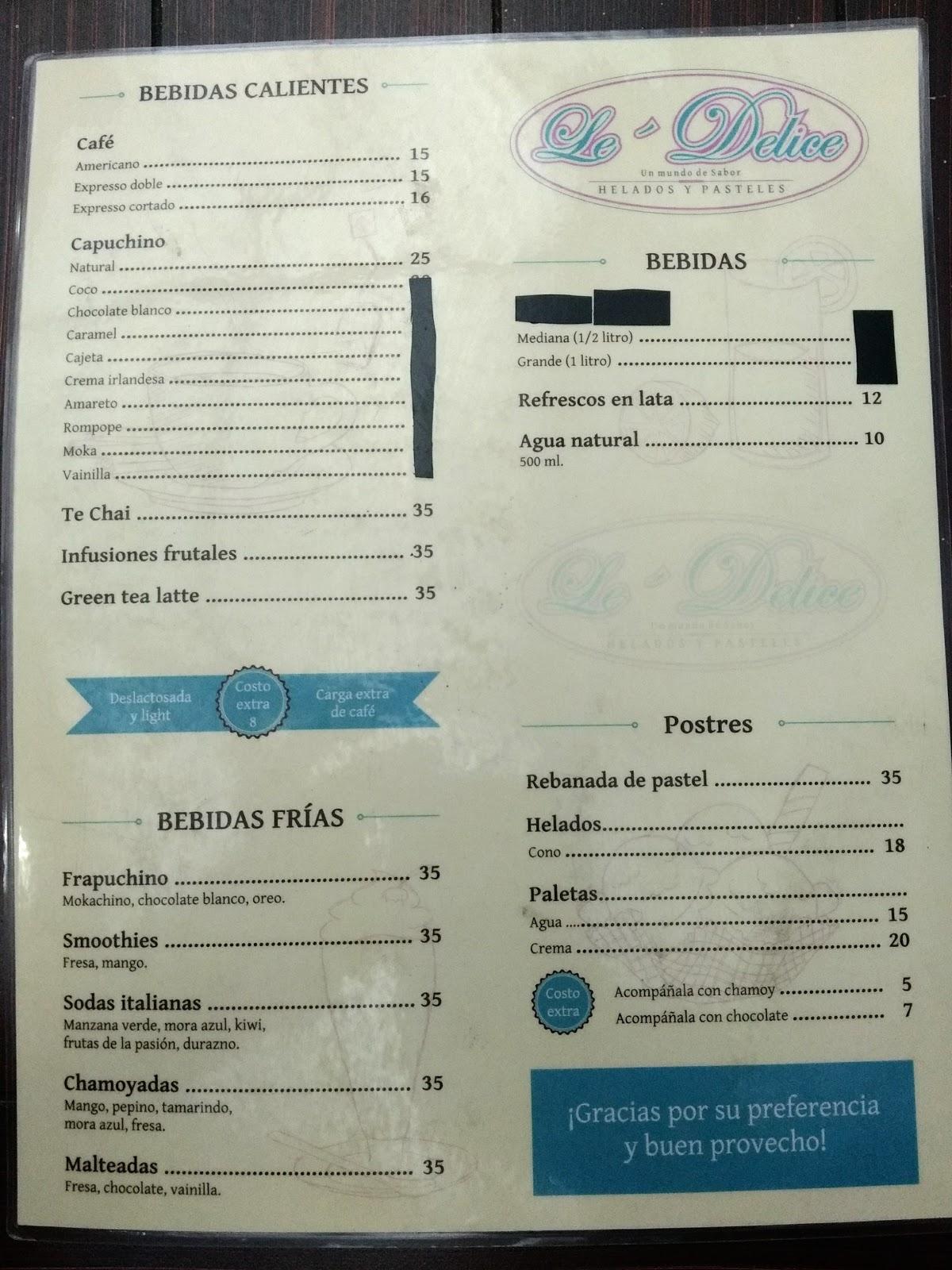 Menu at Le' Delice desserts, Mexico City