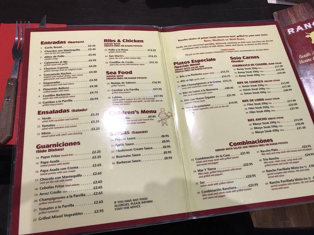 Menu at Rancho Steak House steakhouse, Edinburgh