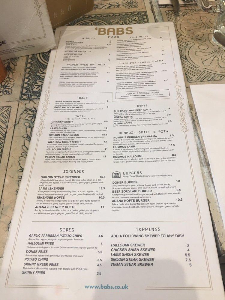 Menu at 'BABS restaurant, Glasgow