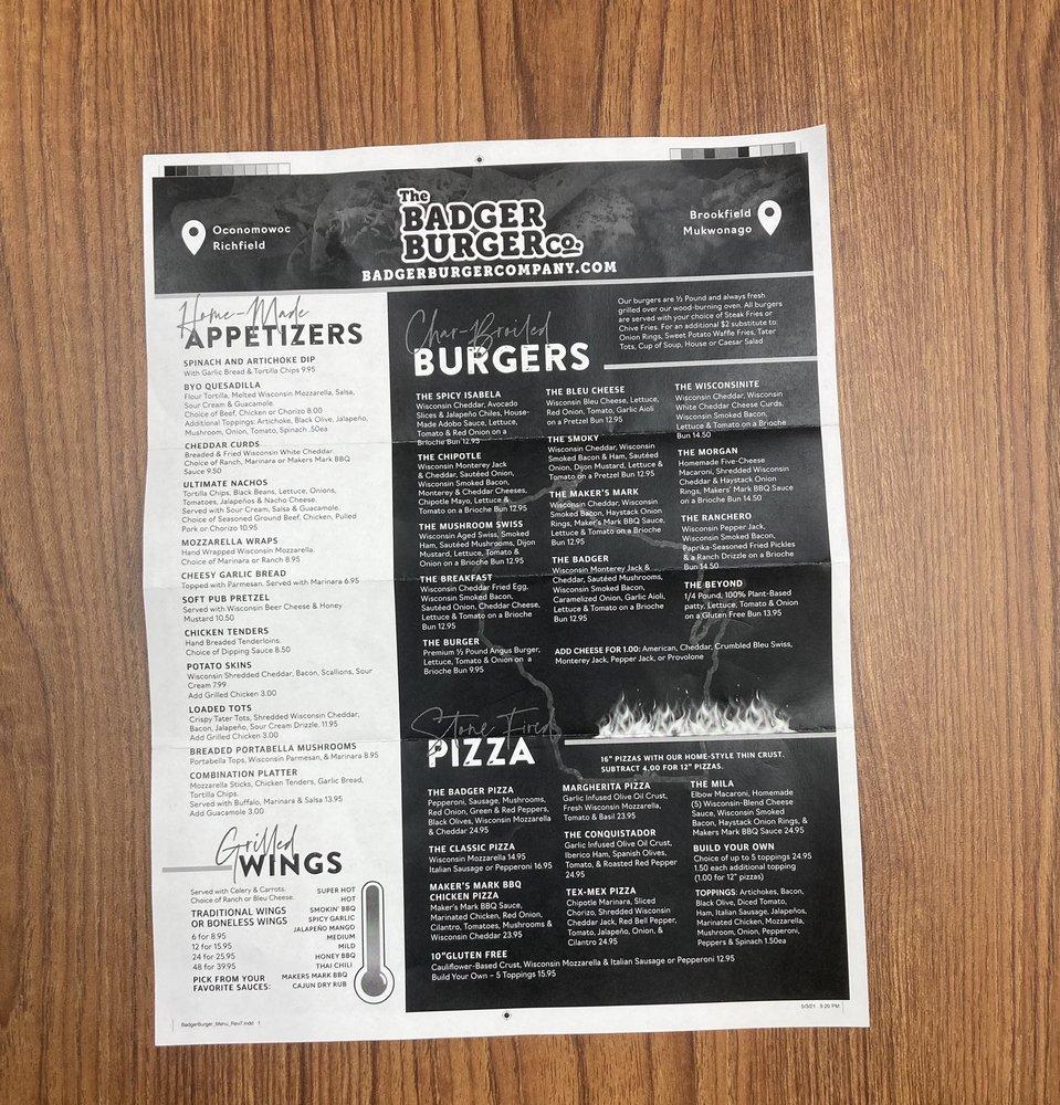 Menu at Badger Burger Company Brookfield pub & bar, Brookfield