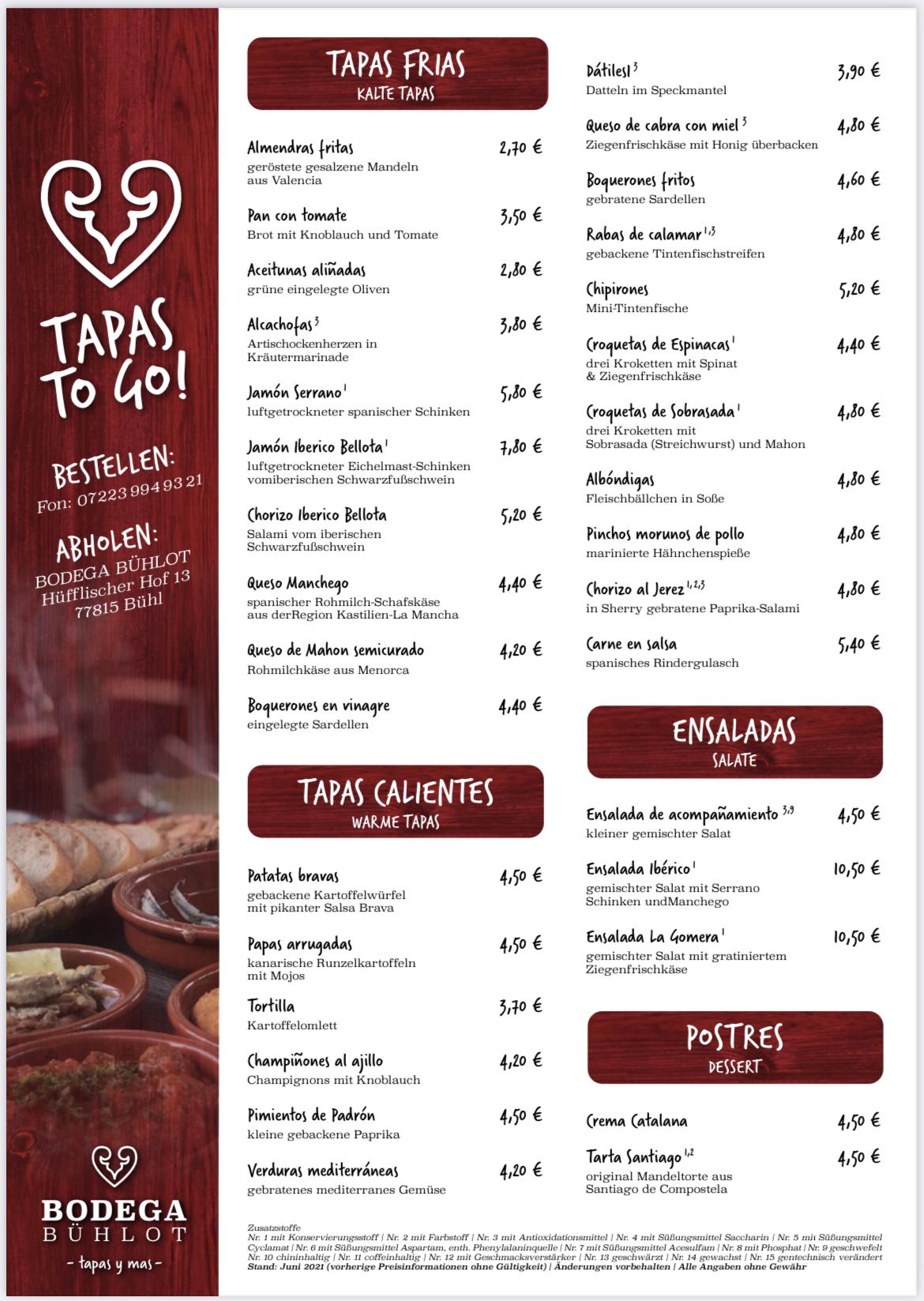 Menu at Bodega Bühlot pub & bar, Bühl