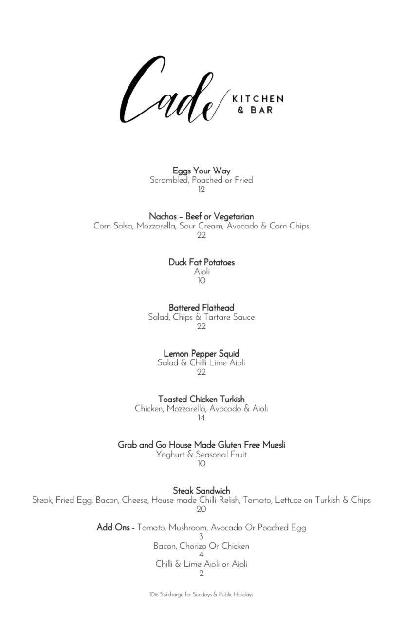 Menu at Cade Kitchen & Bar, Mudgee