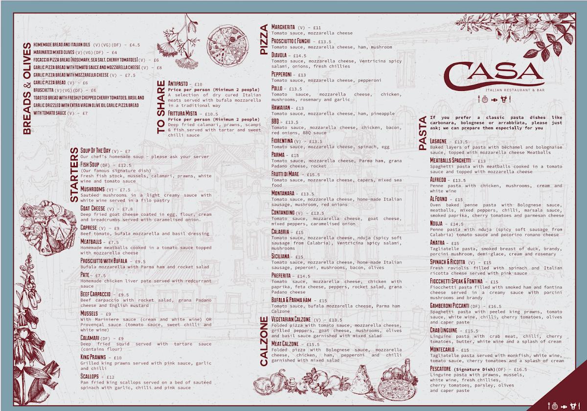 Menu at Casa Italian restaurant, Nottingham