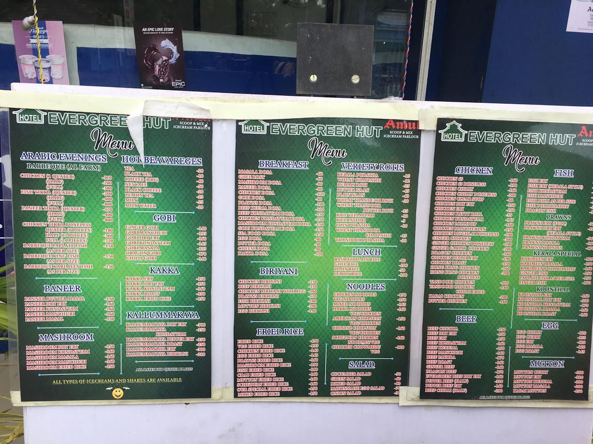 Menu at Ever Green Hut, Chettuva