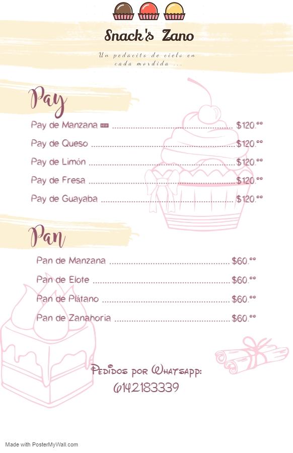 Menu at Snack's Zano restaurant, Chihuahua