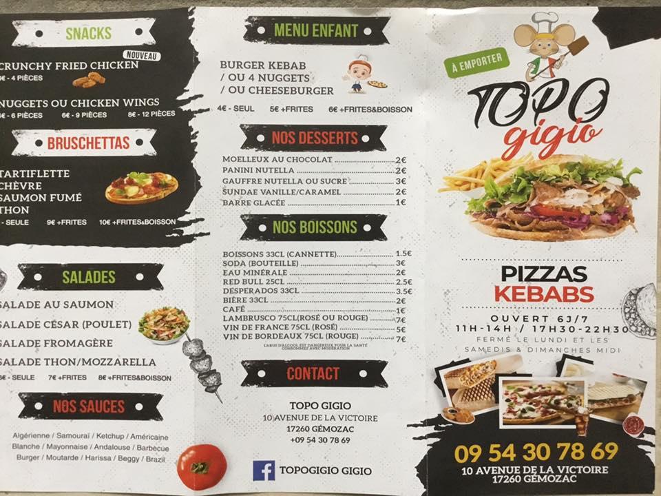 Menu at TOPO GIGIO Kebab Pizzas restaurant, Gémozac
