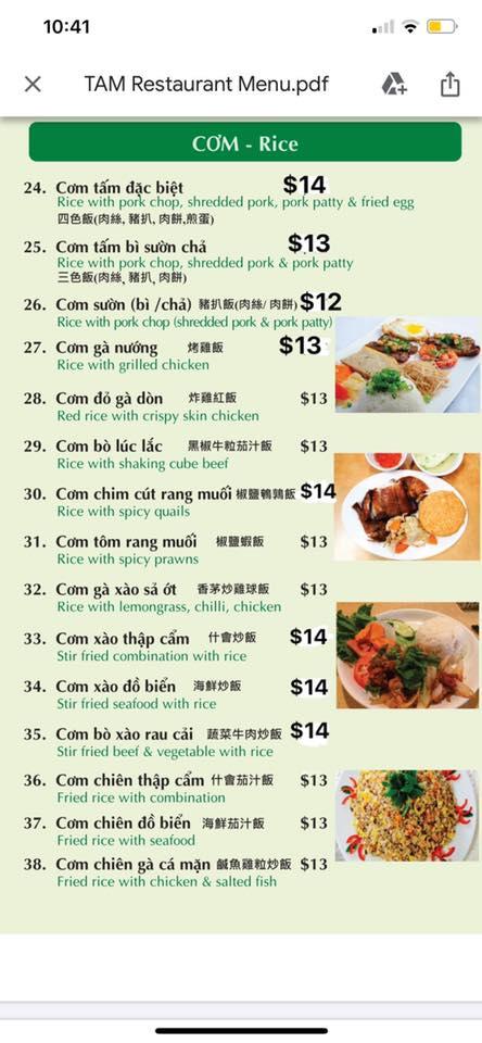 Menu at Tam Broken Rice Vietnamese Restaurant, Canley Vale
