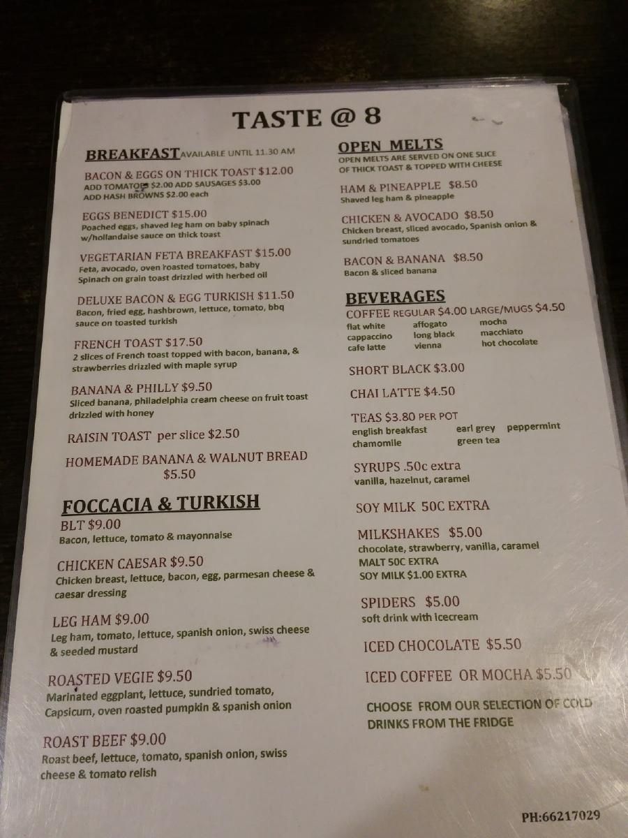 Menu at TASTE@8 cafe, South Lismore