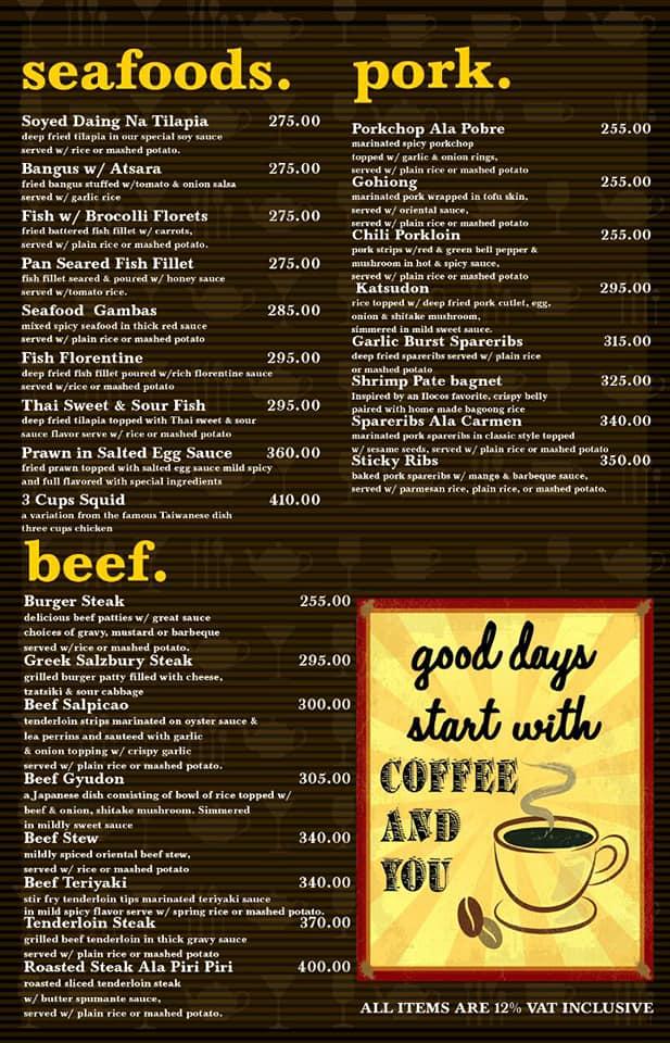 Menu at Tazza Cafe, Quezon City