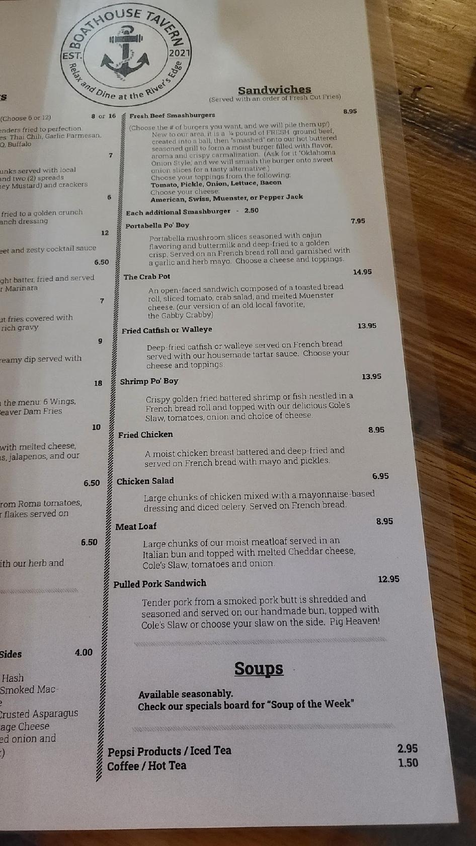 Menu at The Boathouse Tavern restaurant, Coshocton