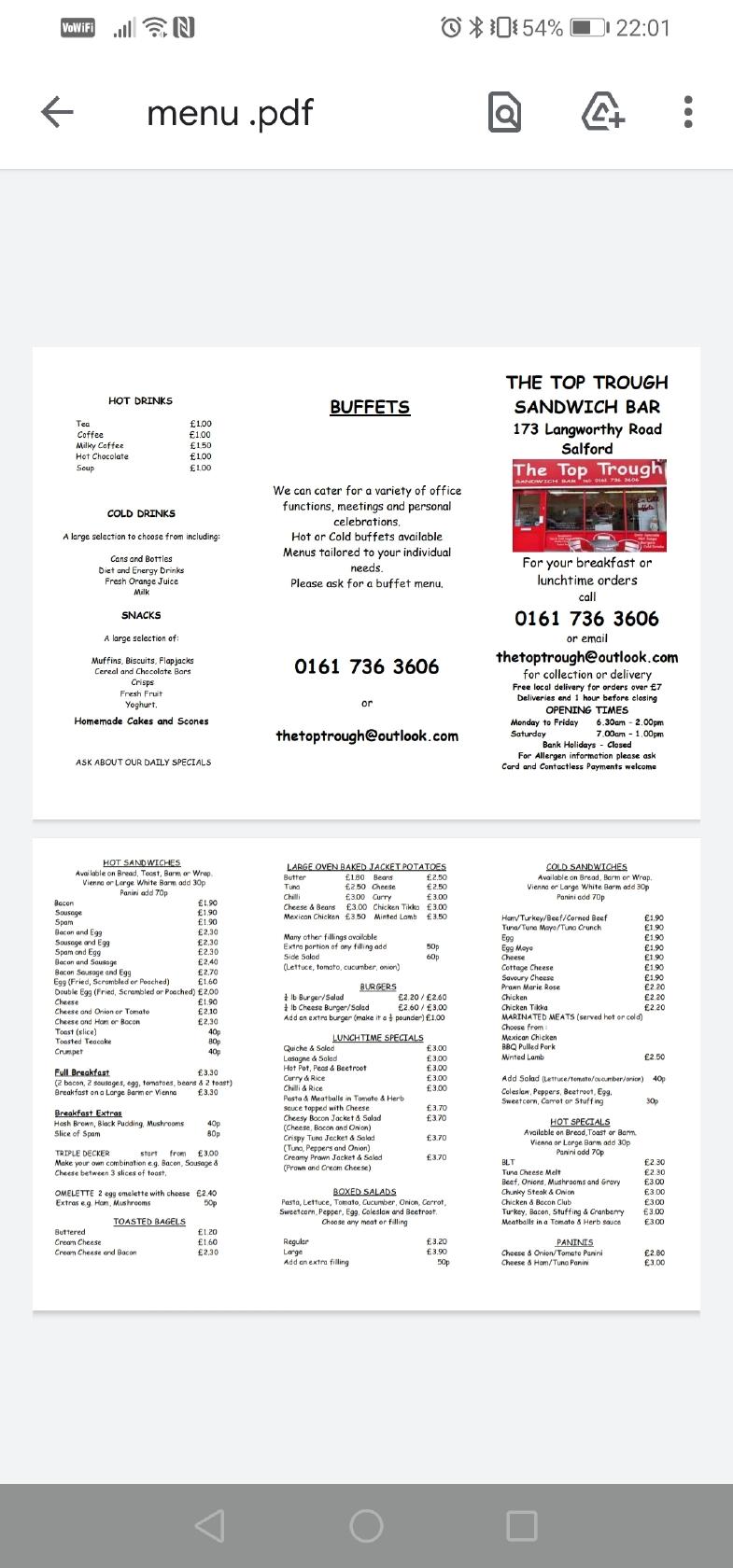 Menu at The Top Trough fast food, Salford