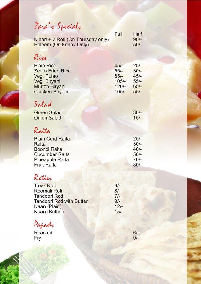 Menu at The Zara's, Bhopal