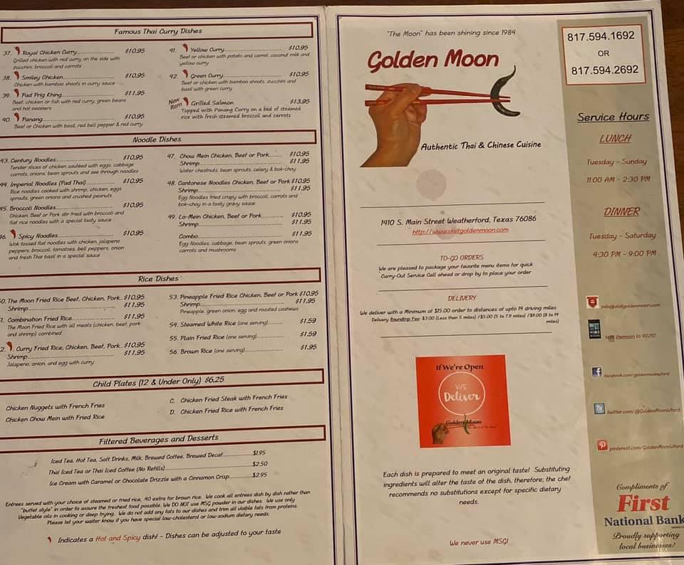 Menu at Golden Moon Restaurant, Weatherford