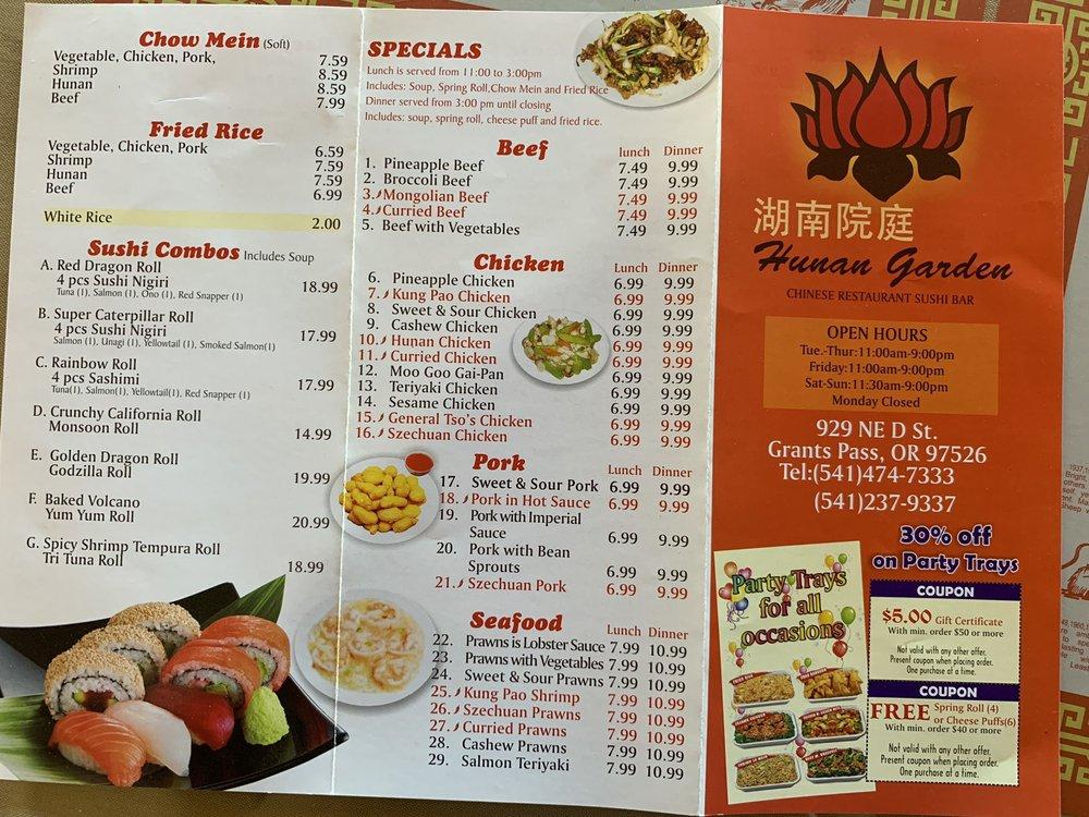Menu at Hunan Gardens restaurant, Grants Pass, 929 NE D St