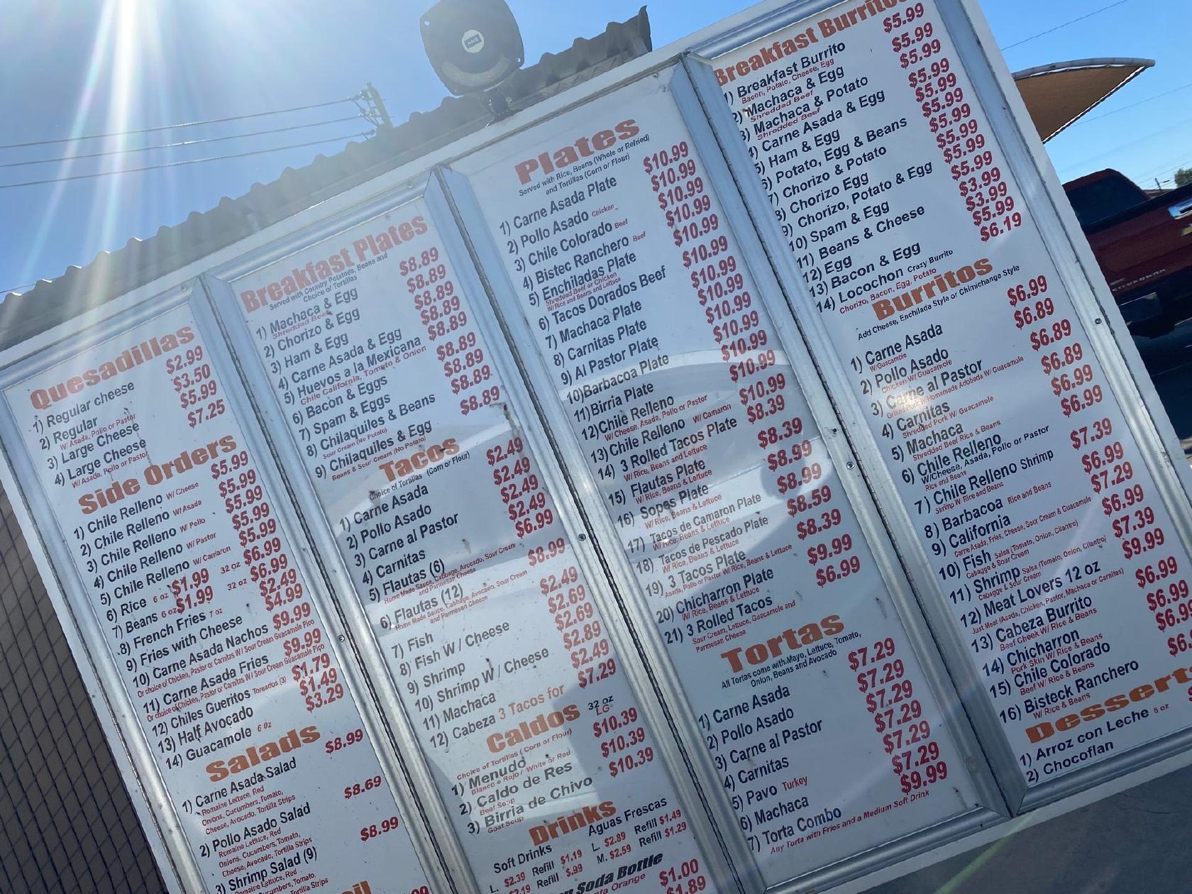 Menu at Las Palmitas Taco Shop restaurant, El Centro, S 4th St