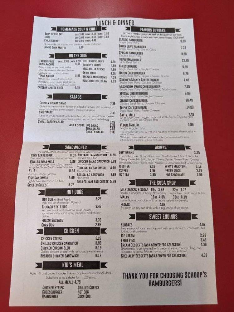 Menu at Schoop's Hamburgers restaurant, Valparaiso