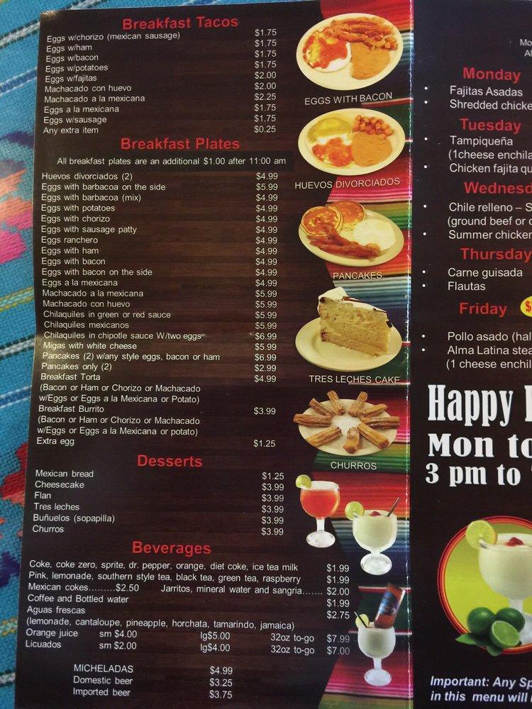 Menu at Alma Latina Taqueria restaurant, Spring, Aldine Westfield Rd