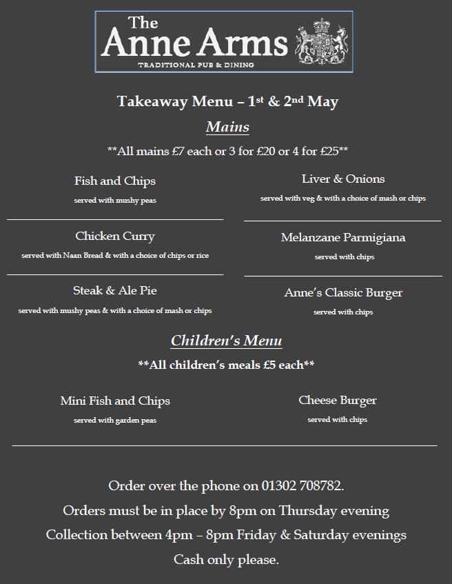 Menu at Anne Arms Inn pub & bar, Doncaster, Suttonfield Rd