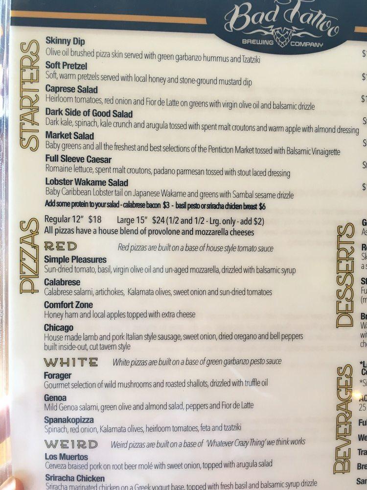 Menu at Bad Tattoo Brewing pizzeria, Penticton