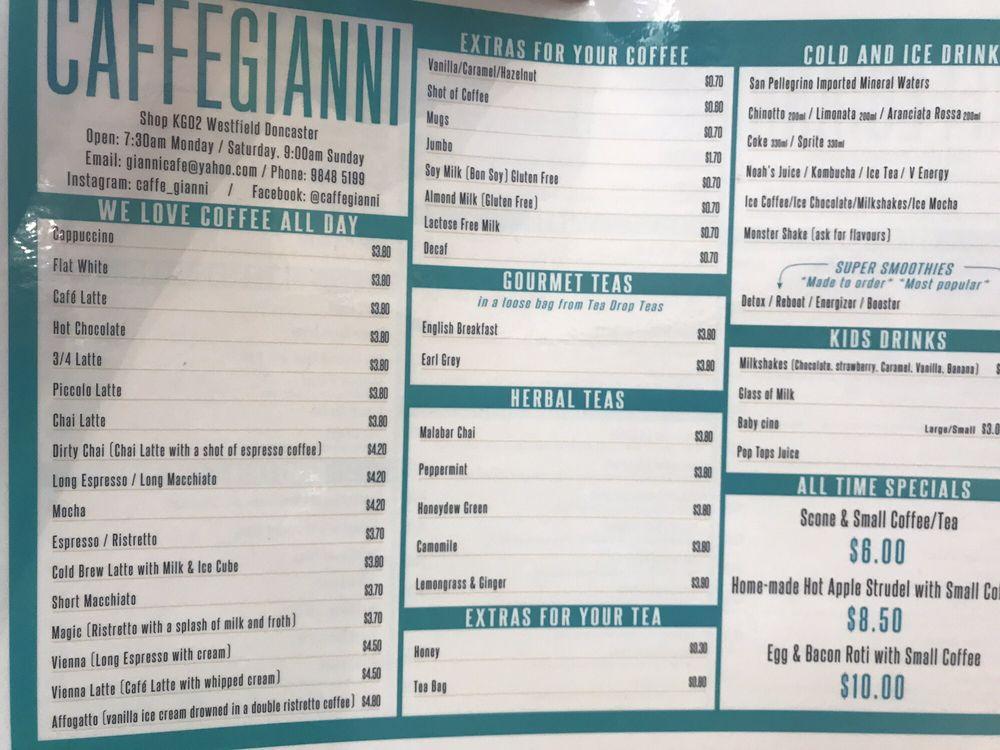 Menu at Cafe Gianni., Templestowe
