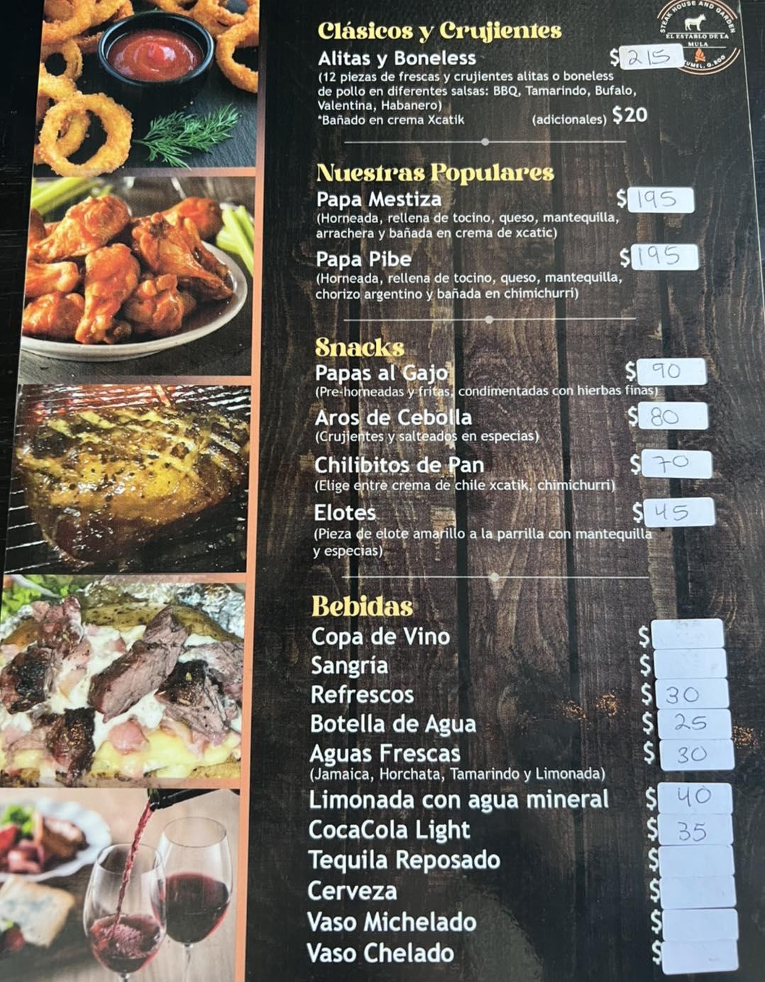 Menu at El Establo de la Mula steakhouse, San Miguel de Cozumel ...