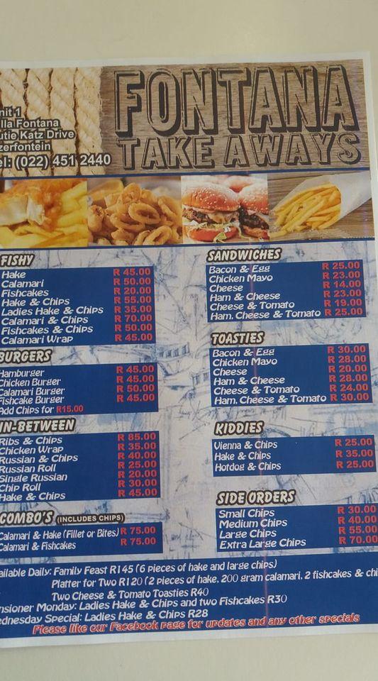 Menu at Fontana Take Aways restaurant, Yzerfontein, Unit 1